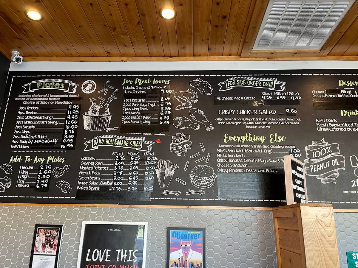 Menu at Mike's Chicken restaurant, Dallas, Maple Ave