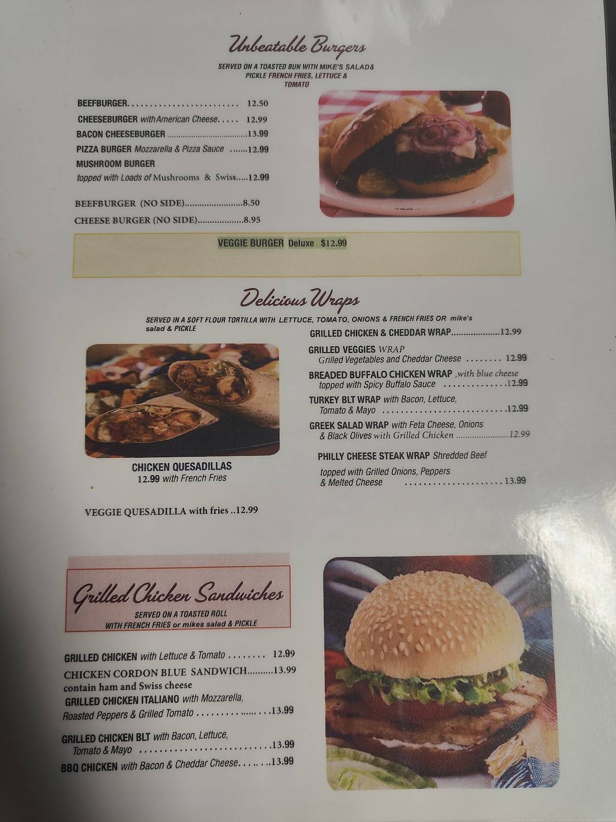 Menu at Mike's Diner cafe, Schenectady