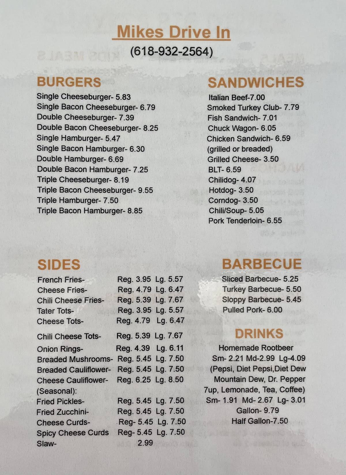 Menu at Mike's Drive-In - Shayki's Big Dipper BBQ, West Frankfort