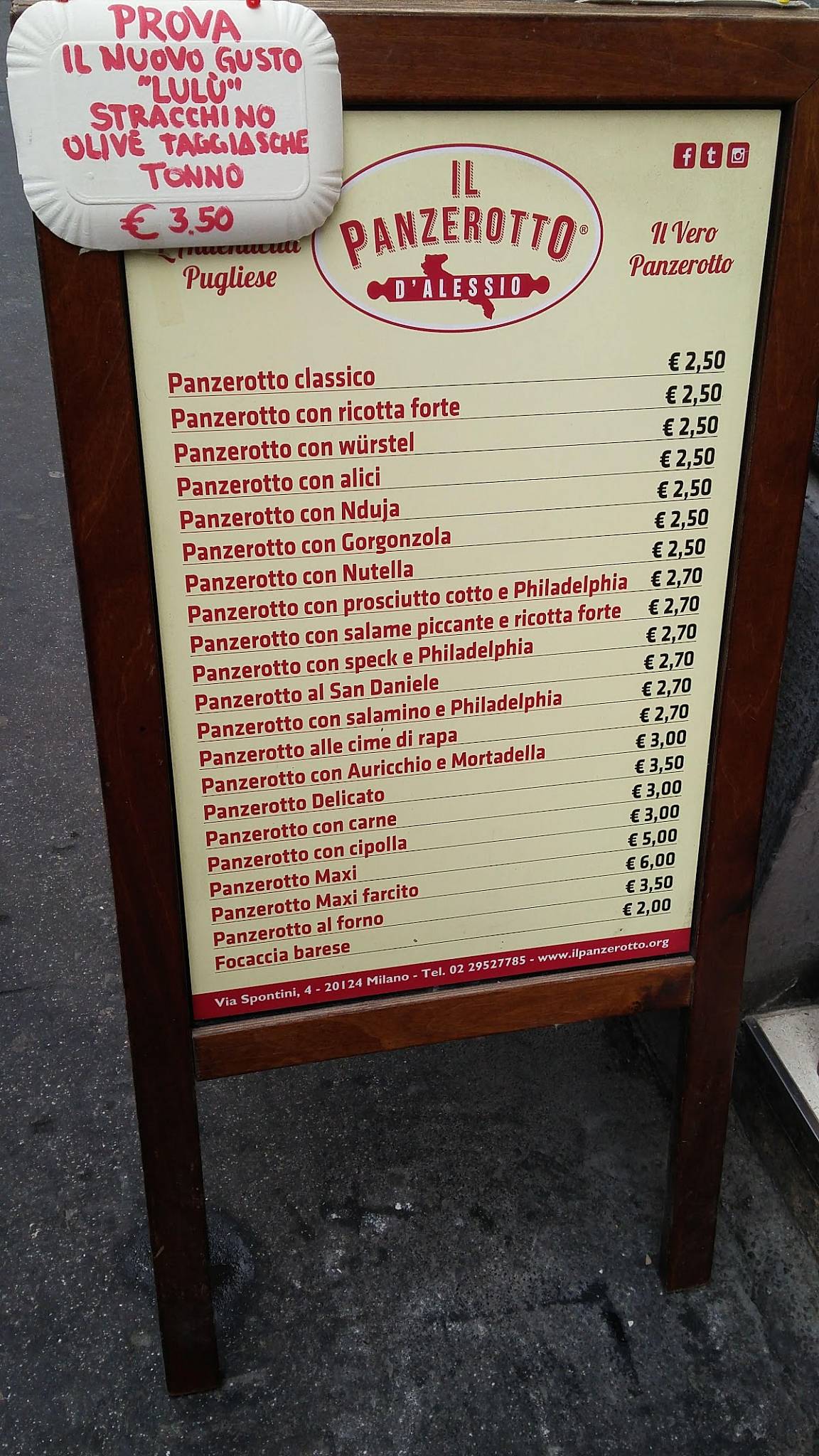 Menu da Il Panzerotto - Made In Puglia ristorante, Milano, Via Gaspare ...