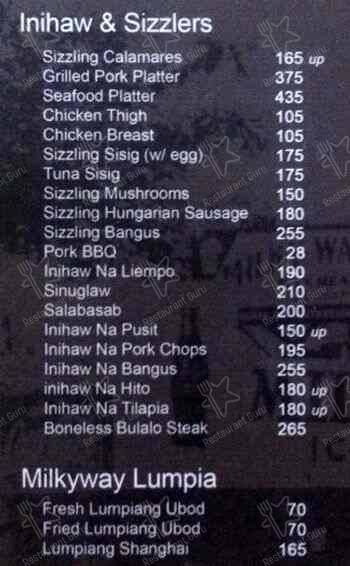 Menu at Milky Way restaurant, Las Pinas, Blk 1 Lot