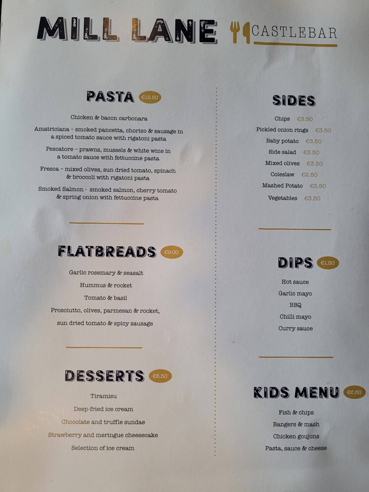 Menu at Mill Lane Castlebar, Castlebar