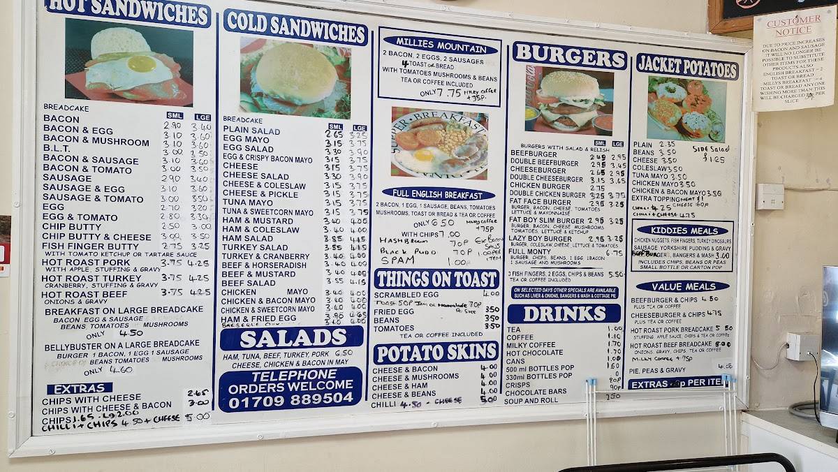 Menu at Millys Cafe, Thurnscoe