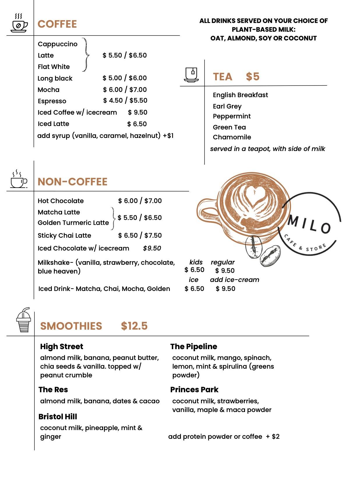 Menu at Milo Cafe and Store, Maryborough