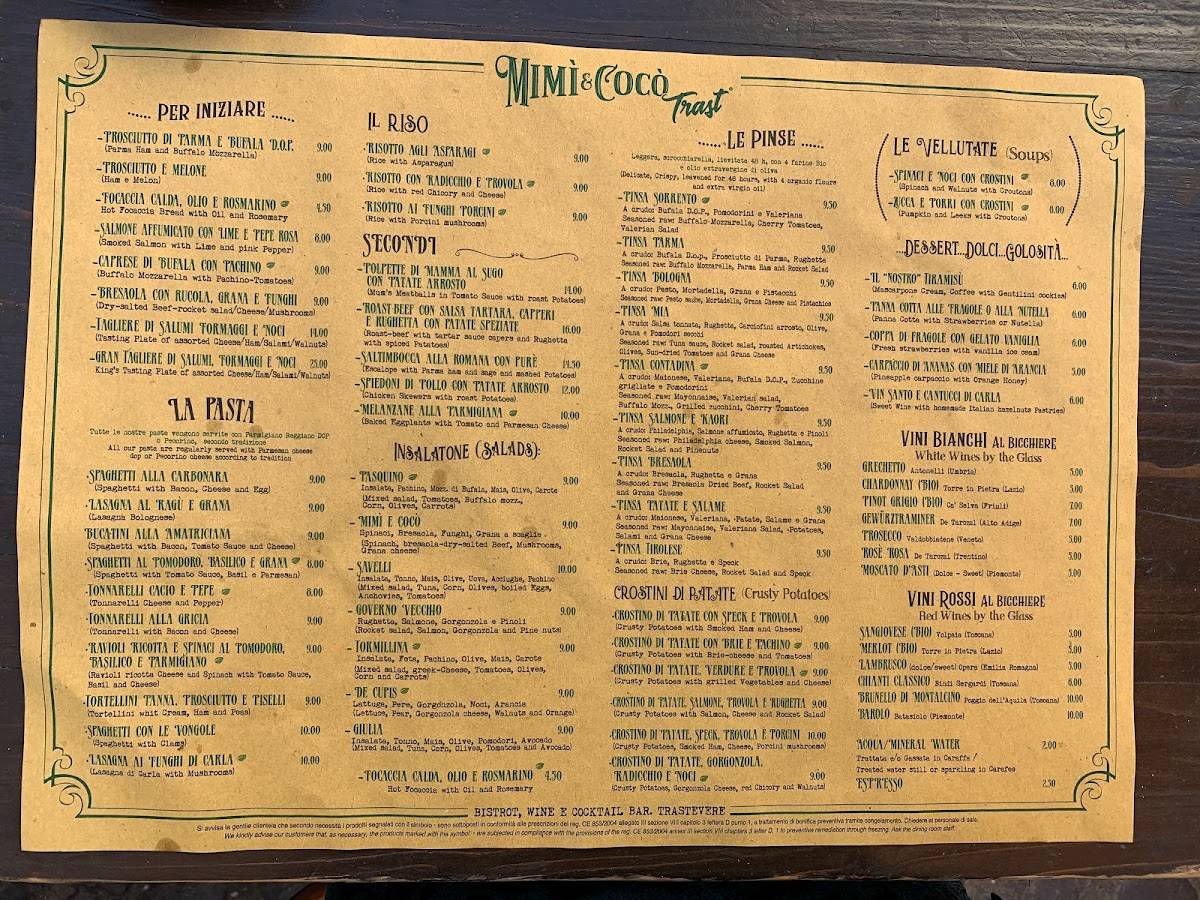 Menu da Mimì e Cocò Trast pub & bar, Roma