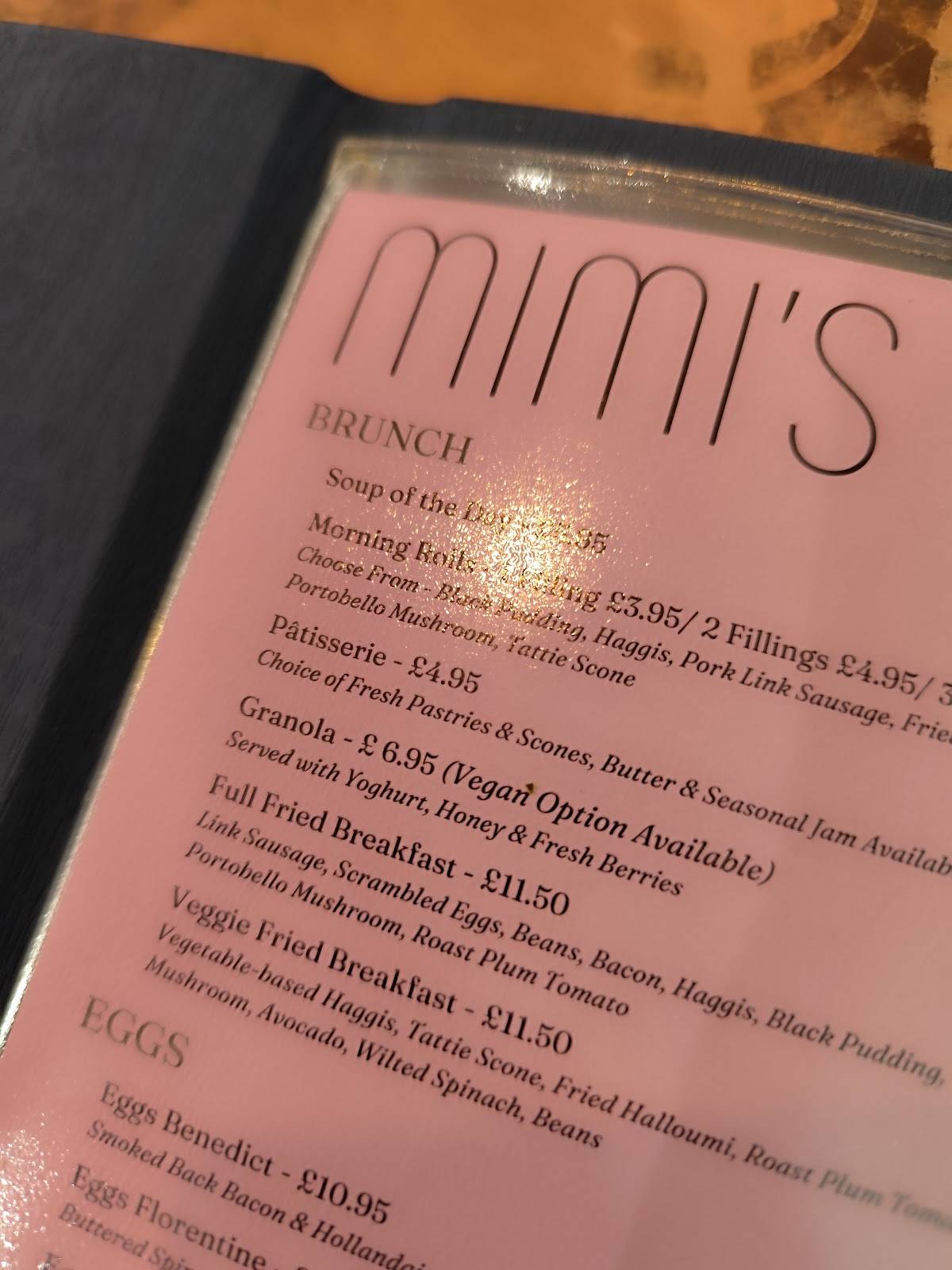 Menu at Mimi’s restaurant, Stirling