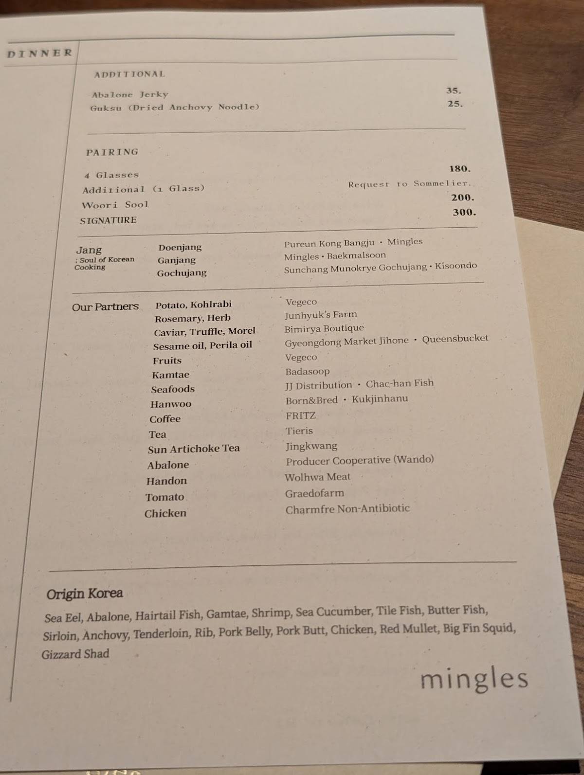 Carta del restaurante Mingles, Seul, Dosan-daero 67-gil
