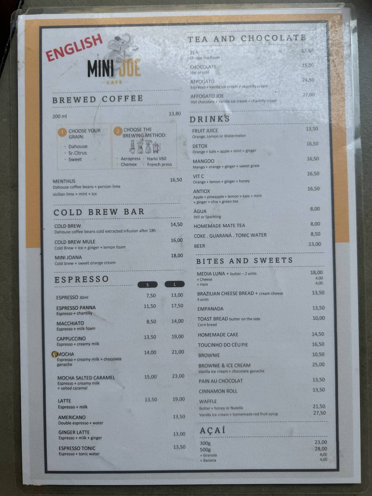 Menu at Mini Joe cafe, Rio de Janeiro, Av. Nossa Sra. de Copacabana