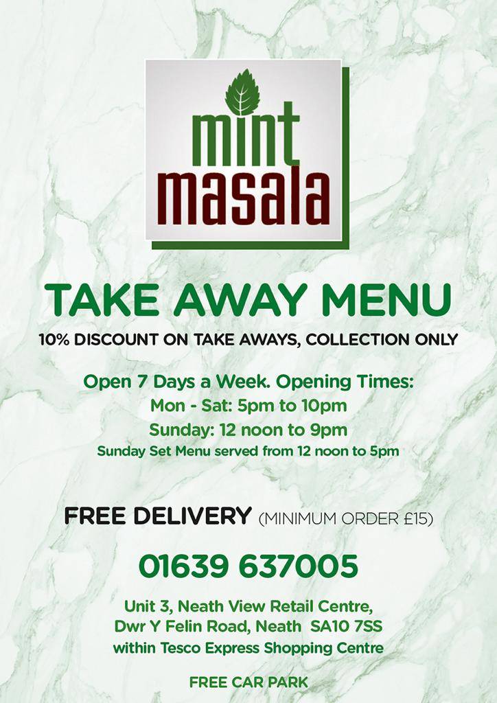 Menu at Mint Masala restaurant, Neath