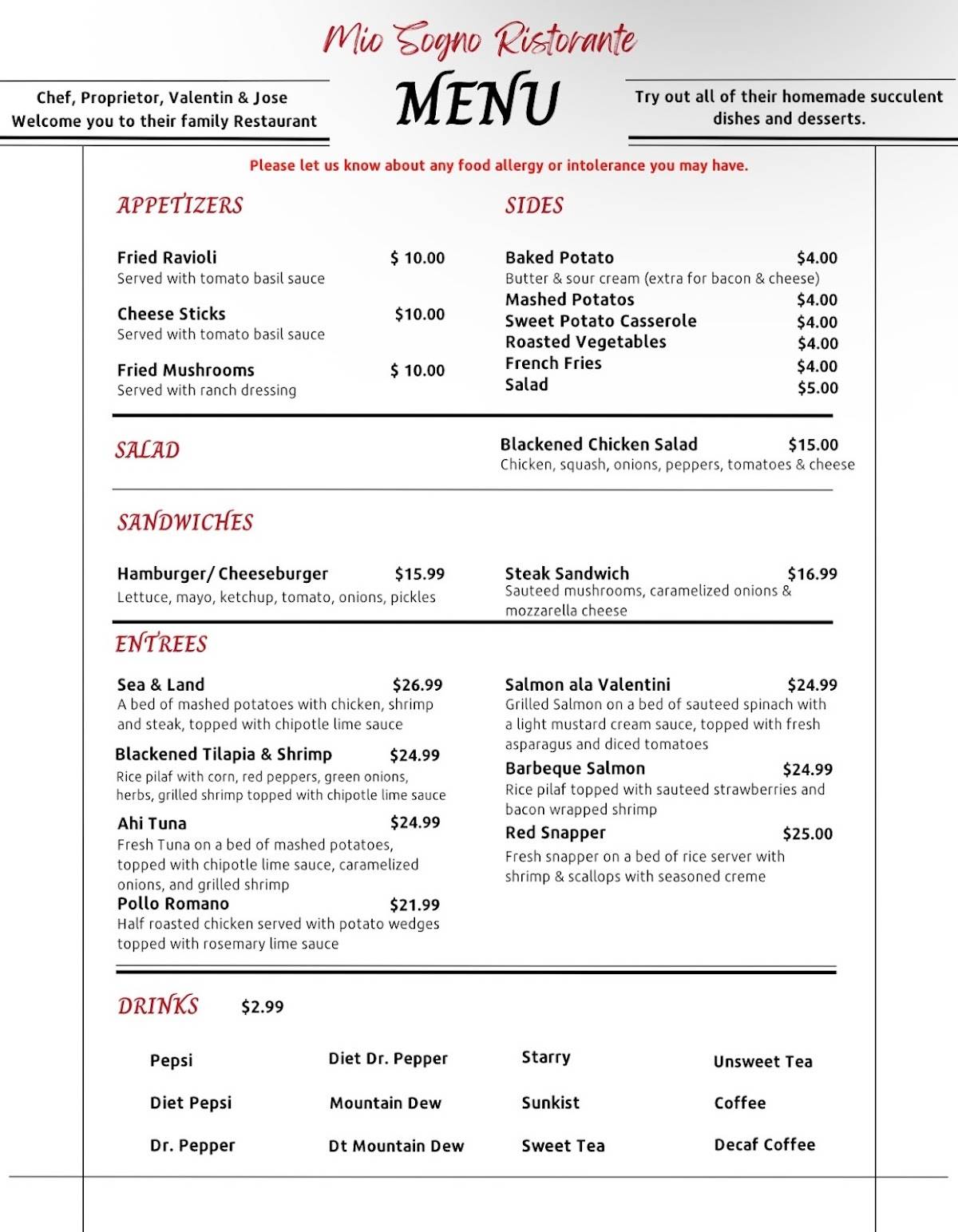 Menu at Mio Sogno restaurant, Oneonta, 200 1st Ave E