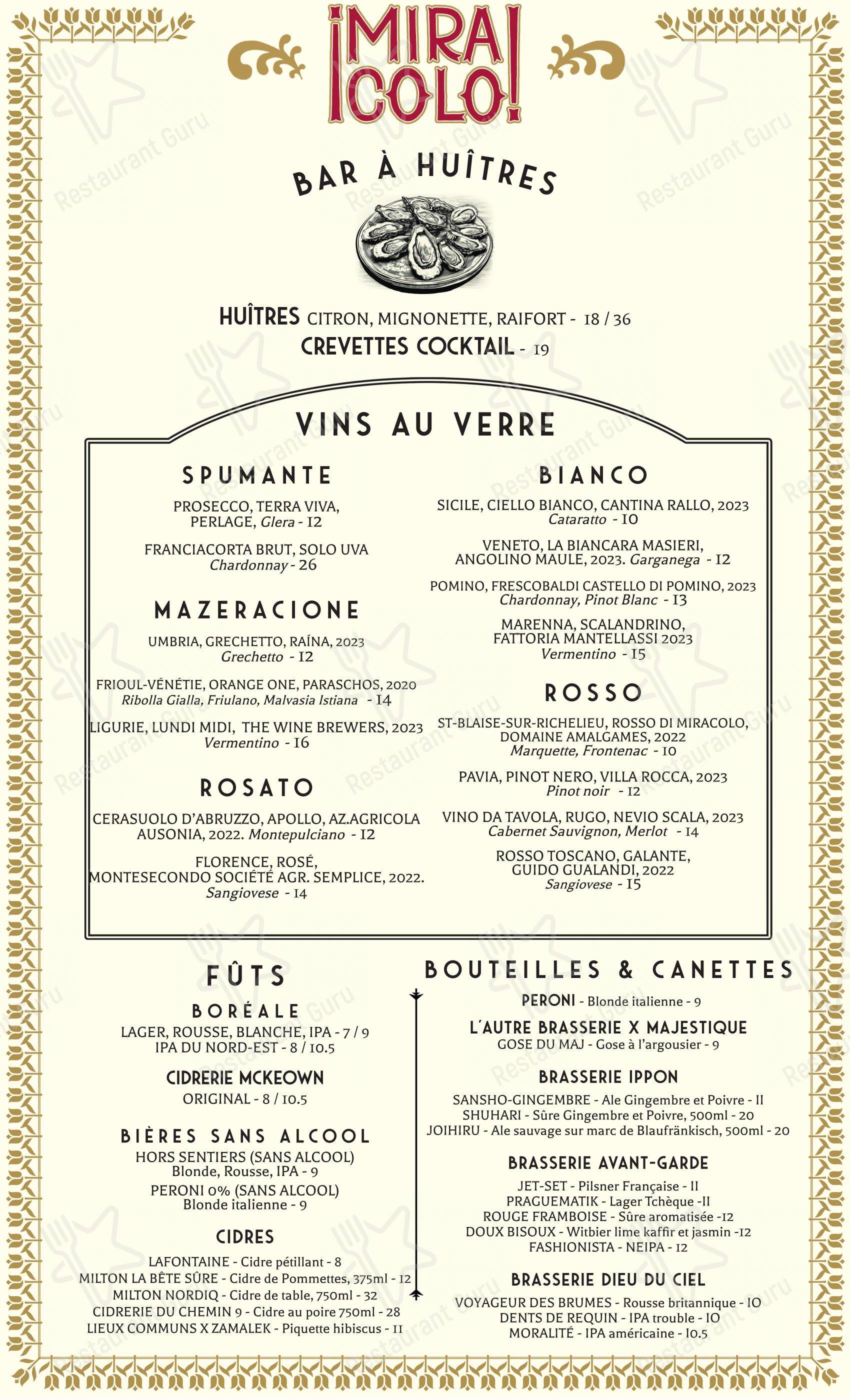 Menu au Miracolo pub et bar, Montréal