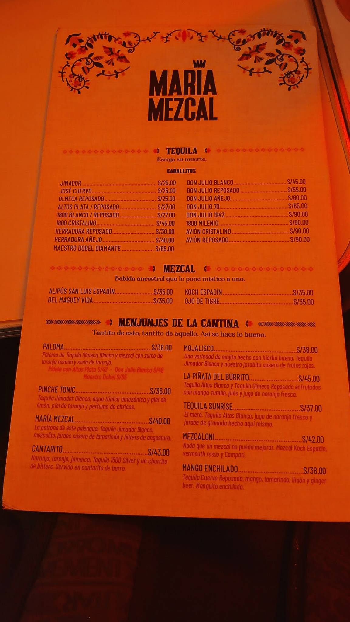 Carta del pub y bar Maria Mezcal, Miraflores