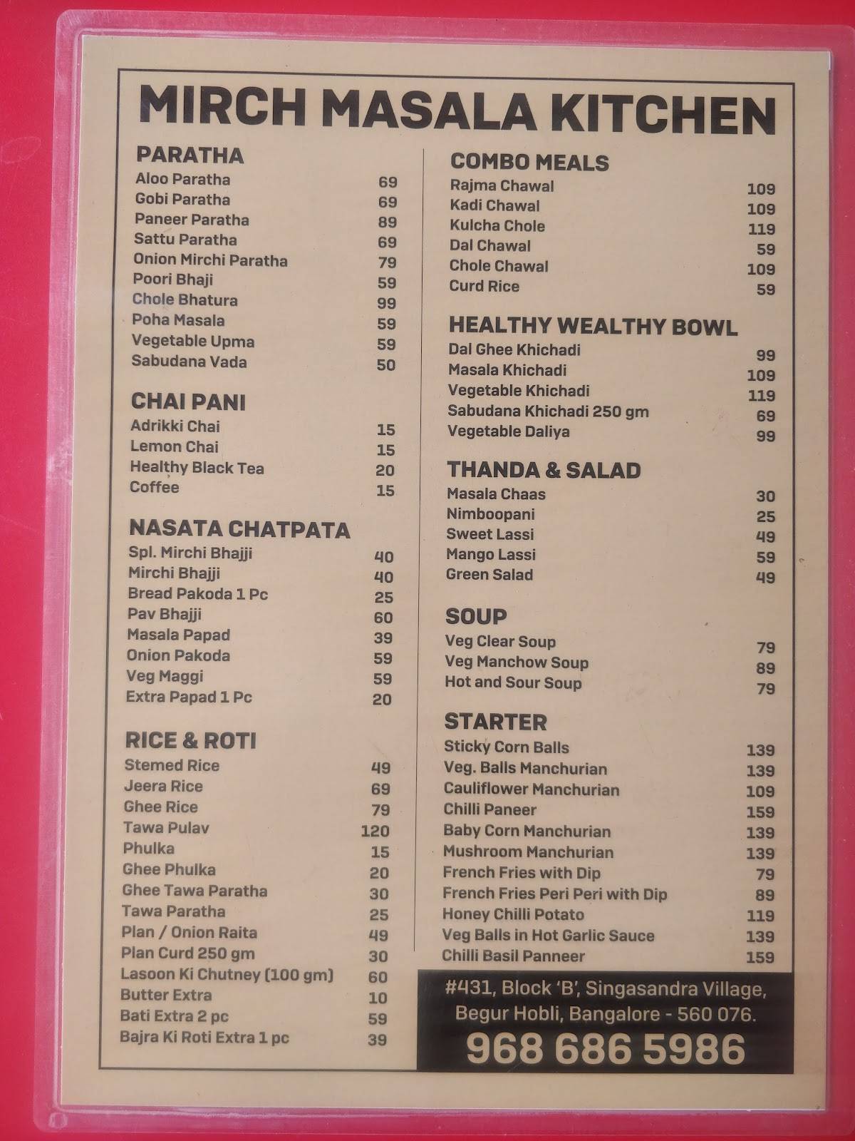 Menu at Mirch Masala Kitchen, Bengaluru