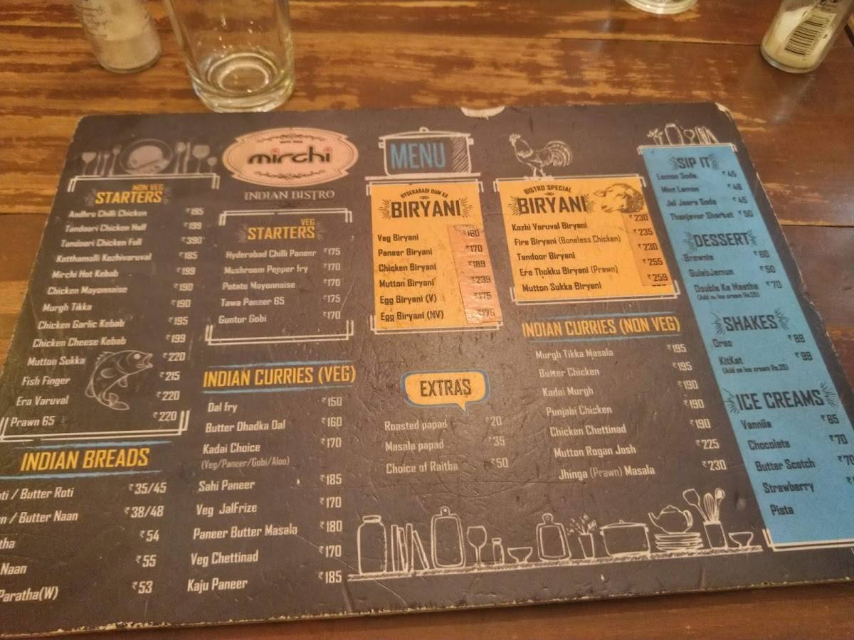 Menu at Mirchi Indian Bistro (MIB), Chennai