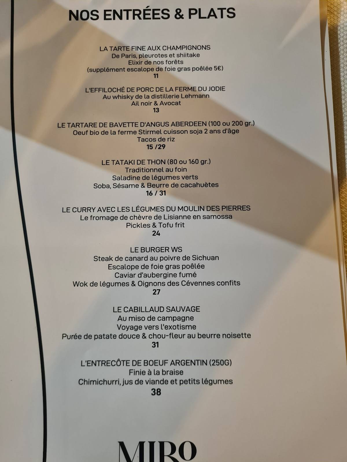 Menu au Miro restaurant, Ostwald