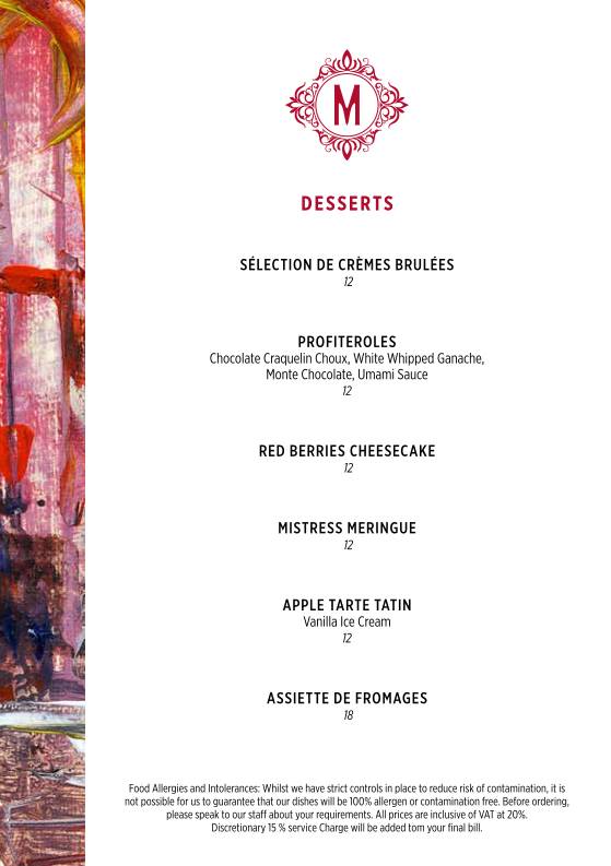 Menu at Mistress of Mayfair restaurant, London