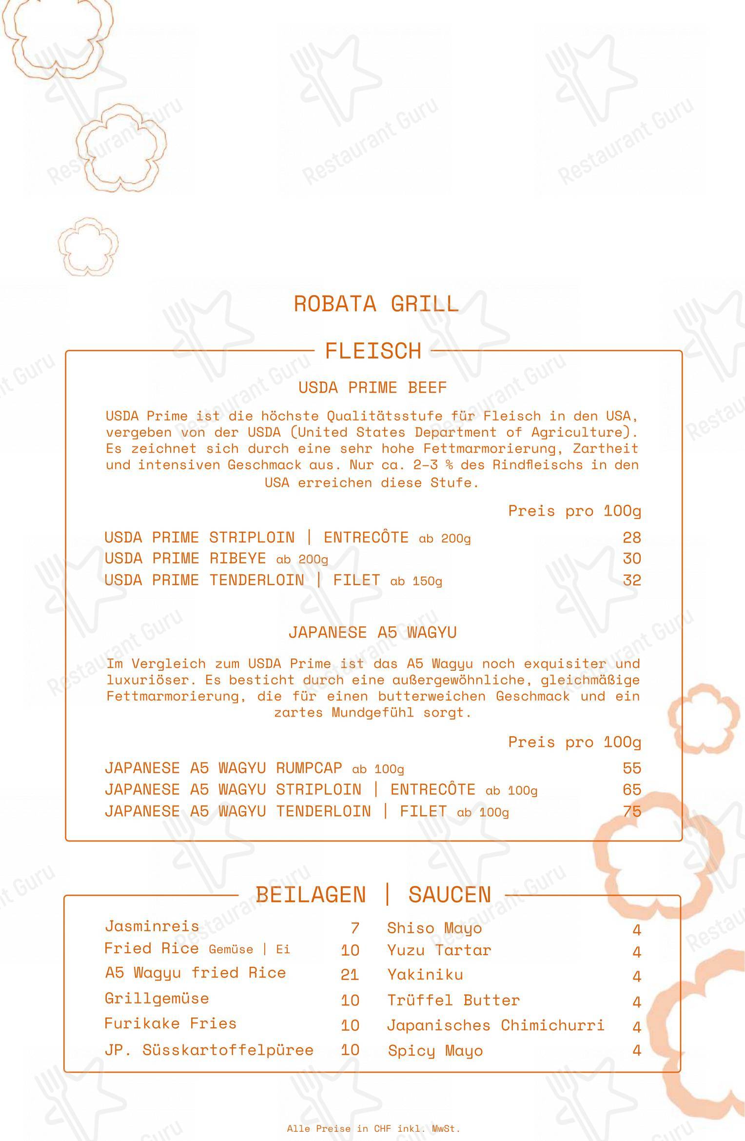 Menu at Mizu - Japanese Grill restaurant, Vaduz