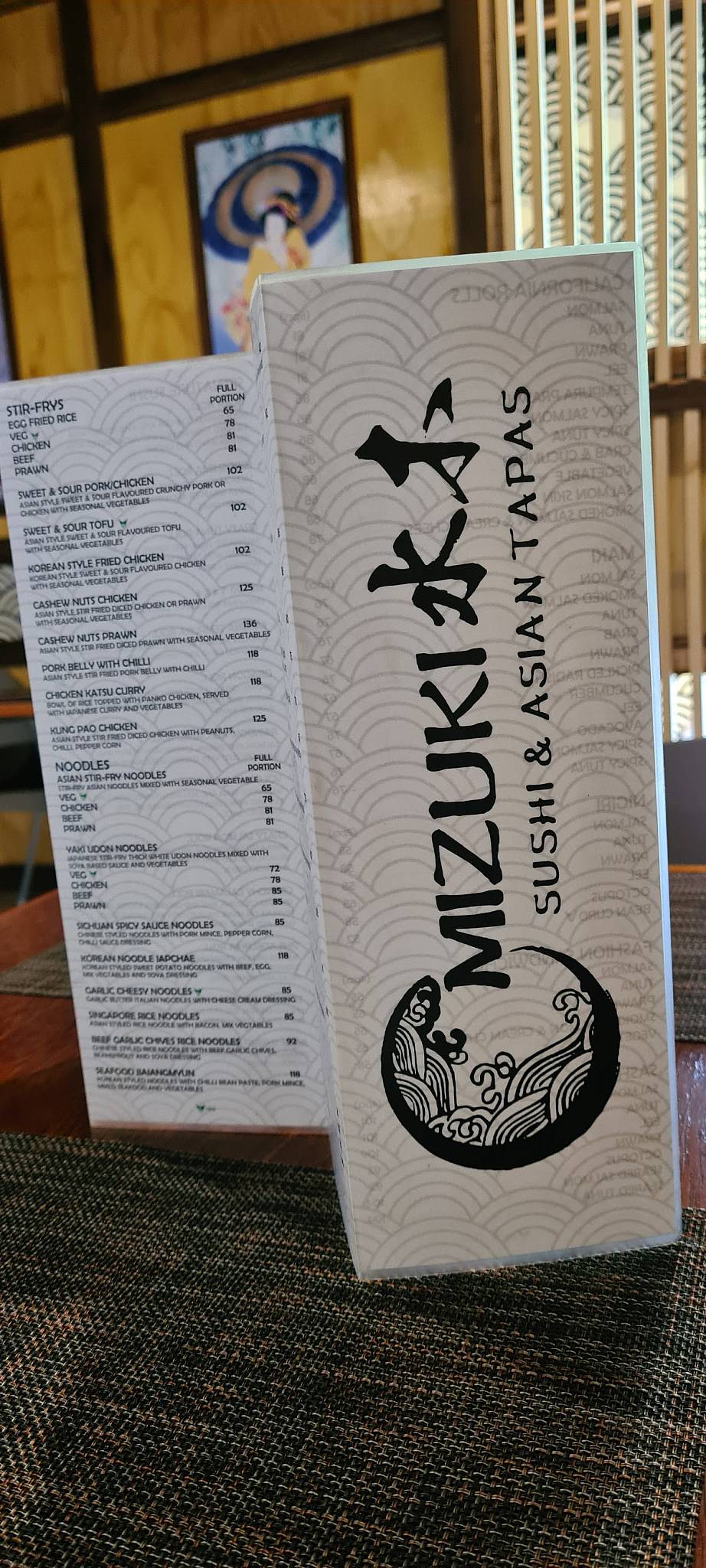 Menu at Mizuki Sushi & Asian Tapas restaurant, Johannesburg