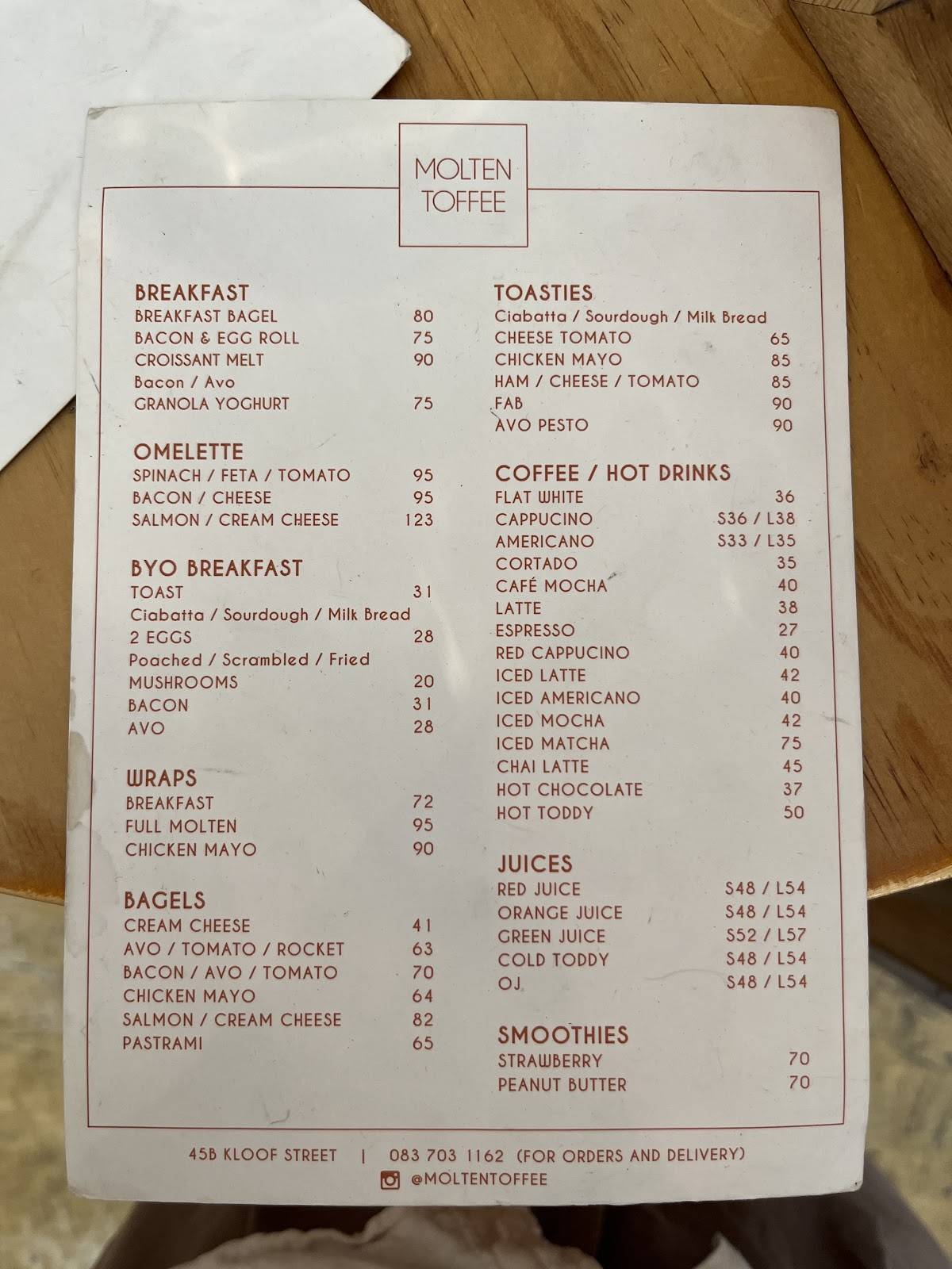 Menu at Molten Toffee. cafe, Cape Town, 45b Kloof St