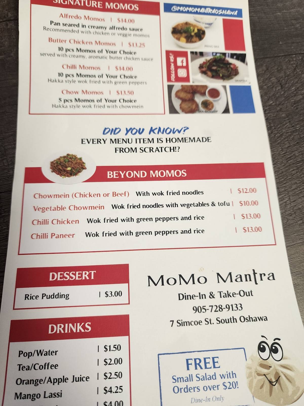 Menu at Momo Mantra restaurant, Oshawa