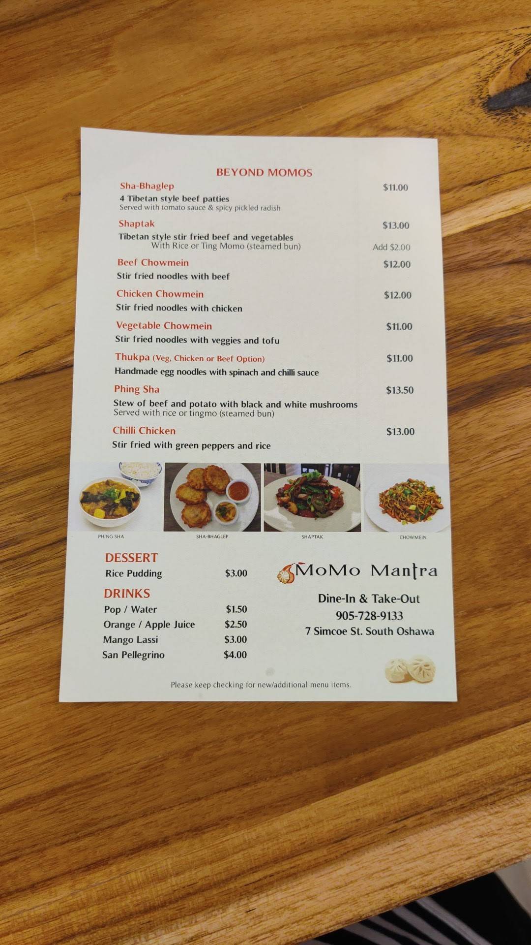 Menu at Momo Mantra restaurant, Oshawa