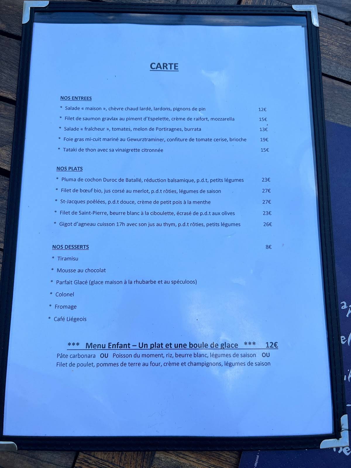 Menu au Mon Reve d'enfant restaurant, Portiragnes, Bd Frédéric Mistral