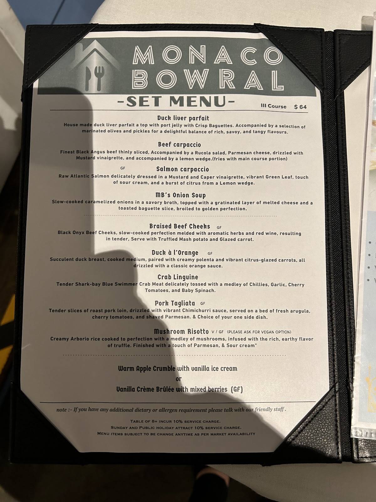 Menu at Monaco Bowral Restaurant, Bowral
