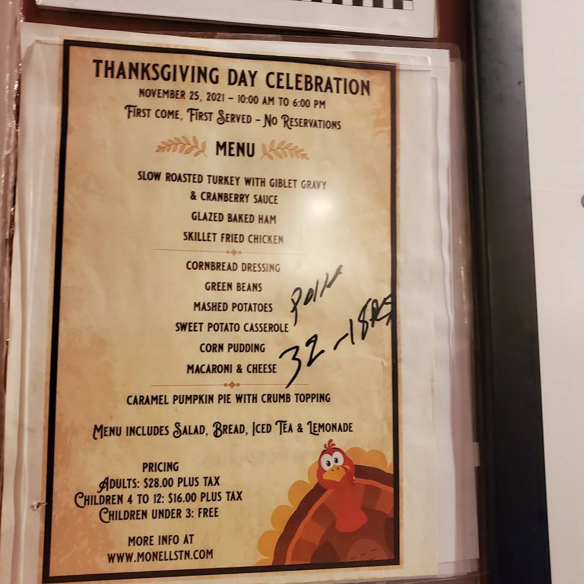 Menu at Monell's restaurant, Nashville, 6th Ave N