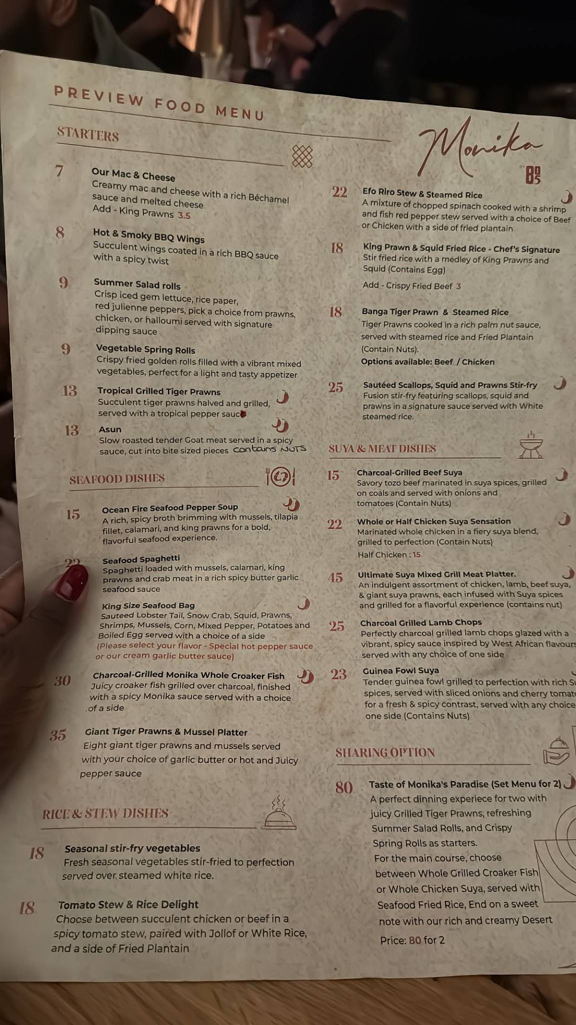 Menu at Monika Restaurants, London