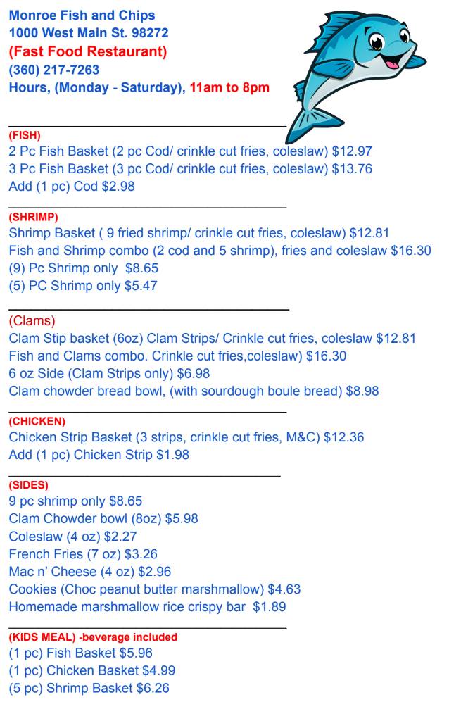Menu at Monroe Fish and Chips fast food, Monroe