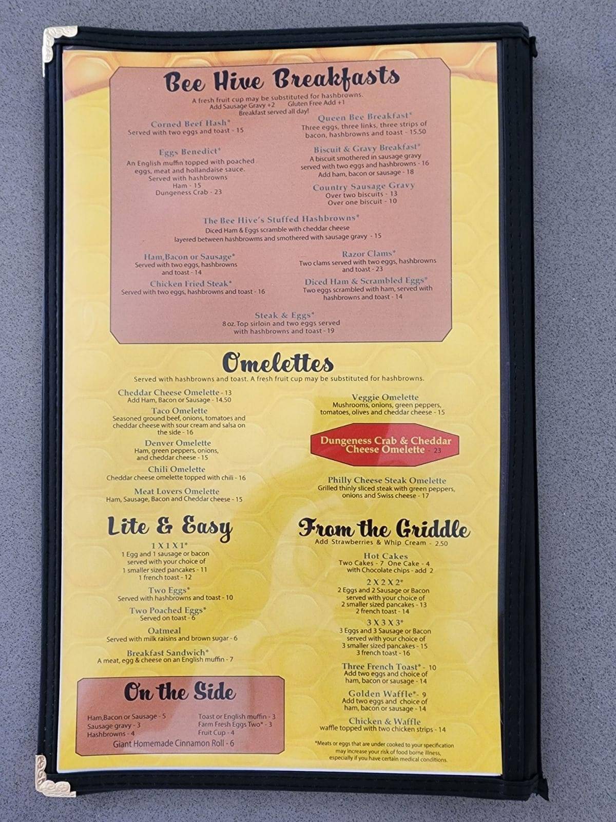 Menu at Beehive Restaurant, Montesano