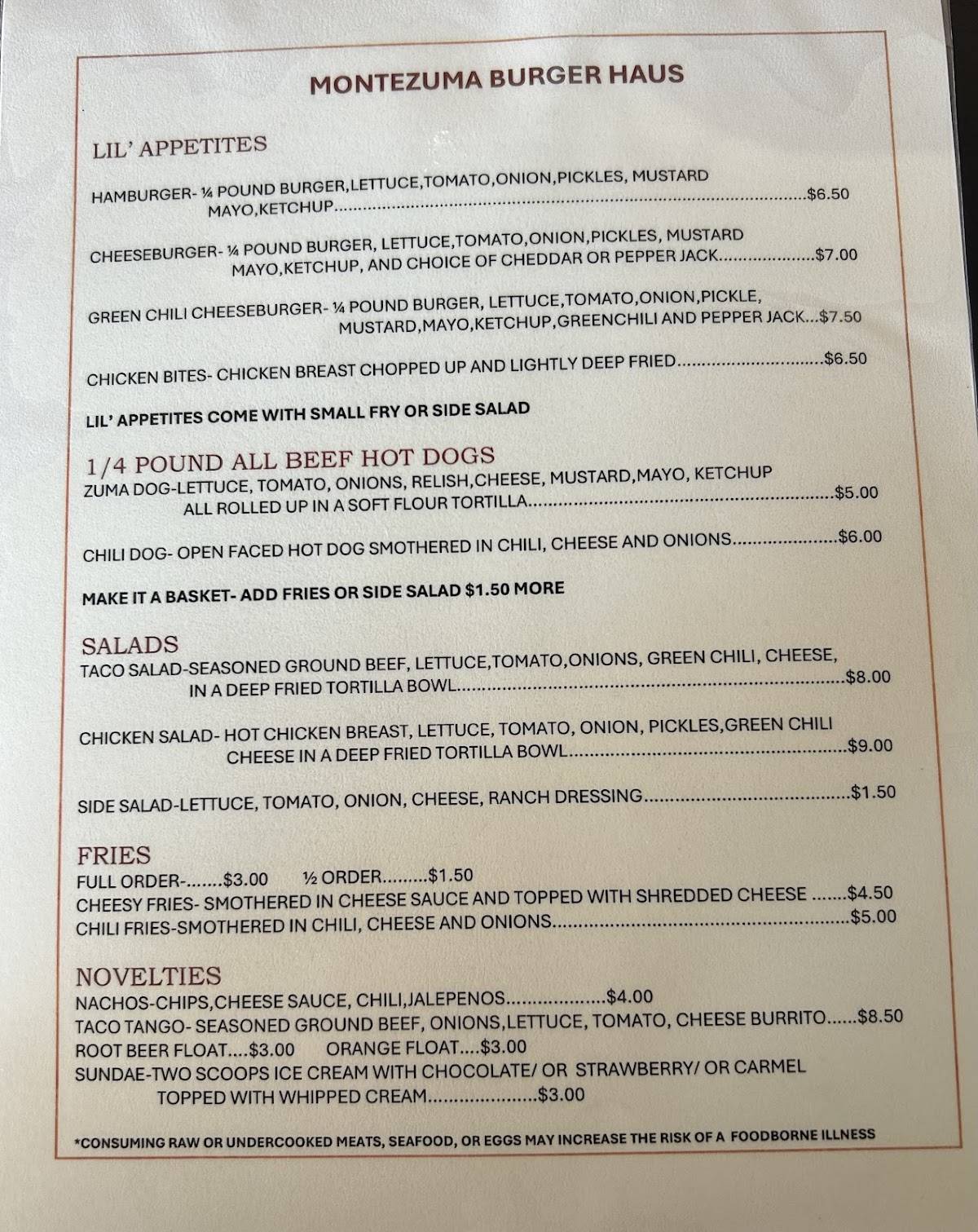 Menu at Montezuma Burger Haus restaurant, Camp Verde