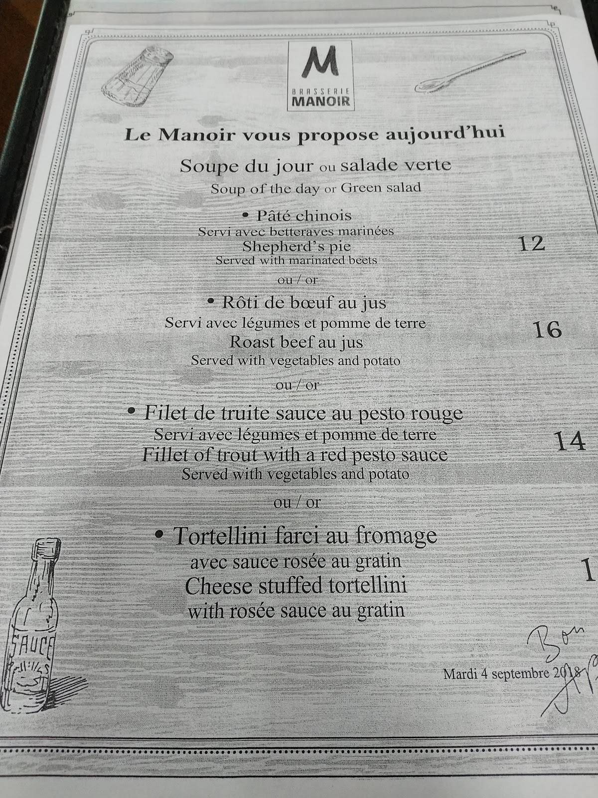 Menu at Brasserie Le Manoir Pointe-Claire pub & bar, Pointe-Claire, 600 ...