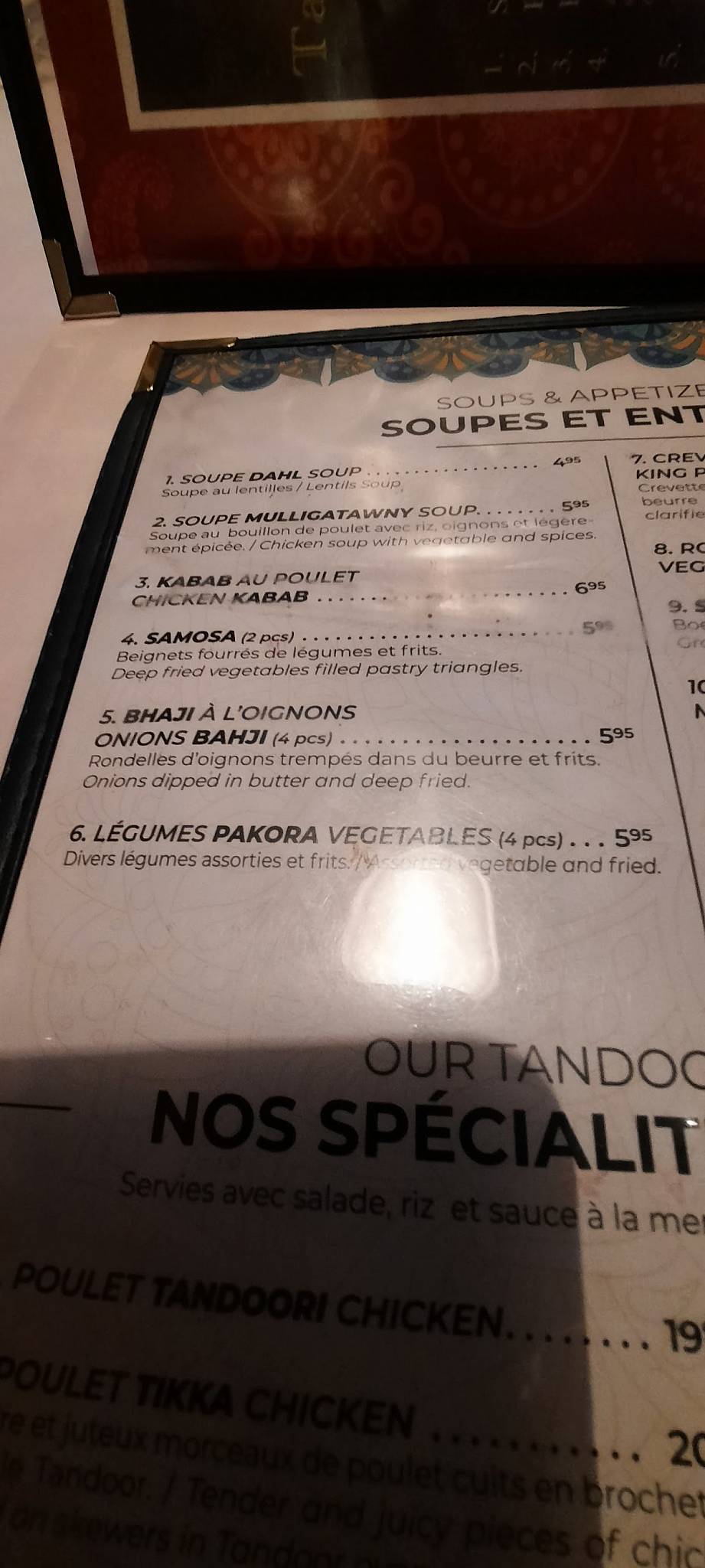 Menu au Restaurant Tabla, Montréal