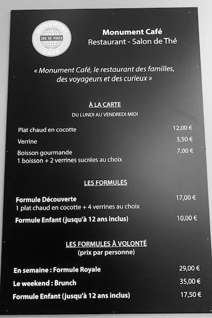 Menu au Monument Café Zoo de Paris, Paris, Parc zoologique de Paris