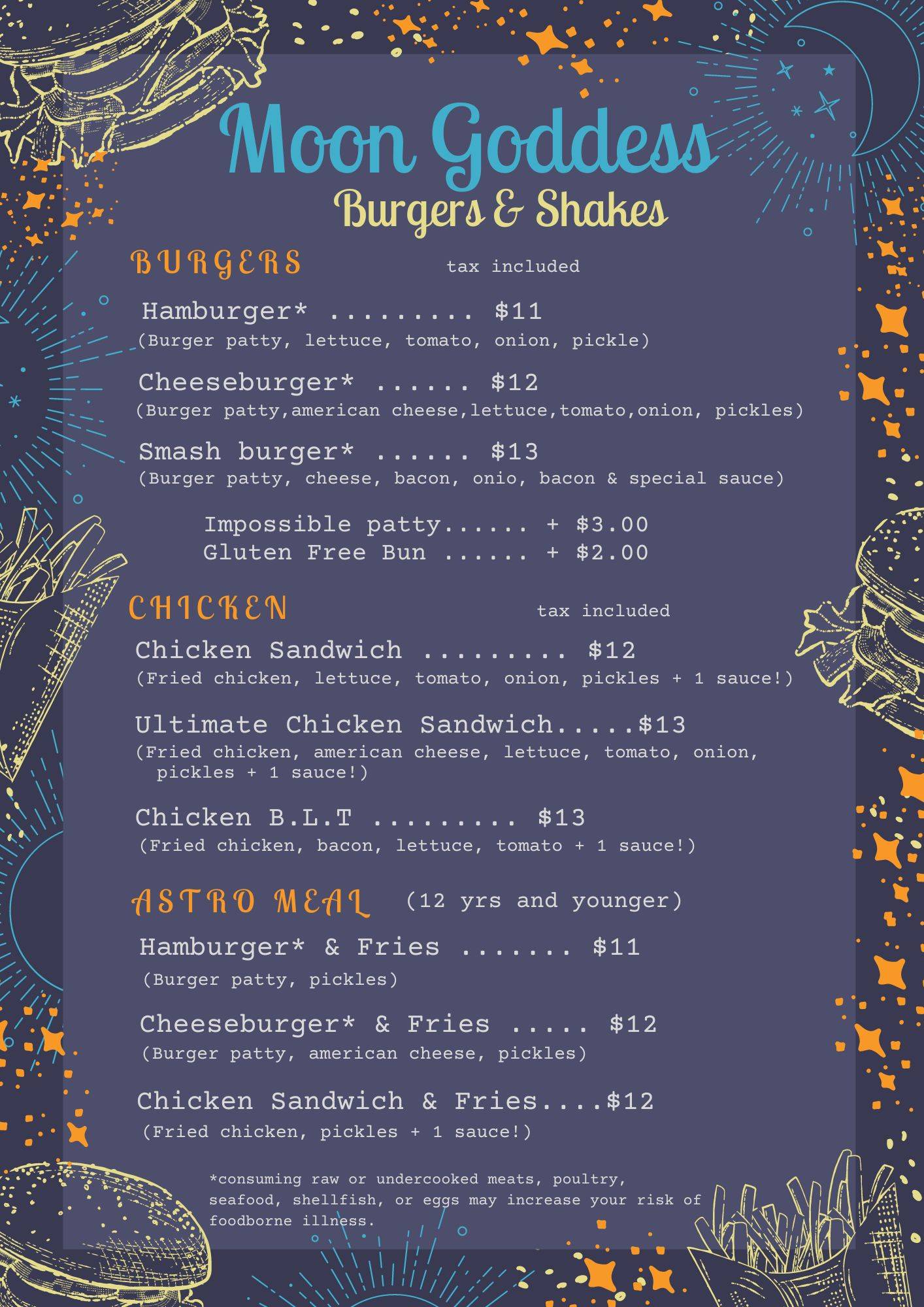 Menu at Moon Goddess Burgers & Shakes restaurant, Bryson City