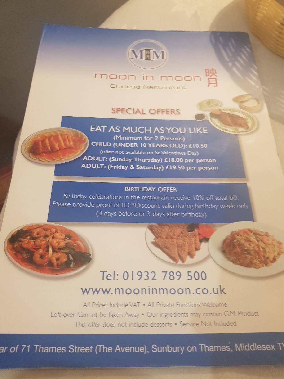 Menu at Moon In Moon restaurant, Sunbury-on-Thames