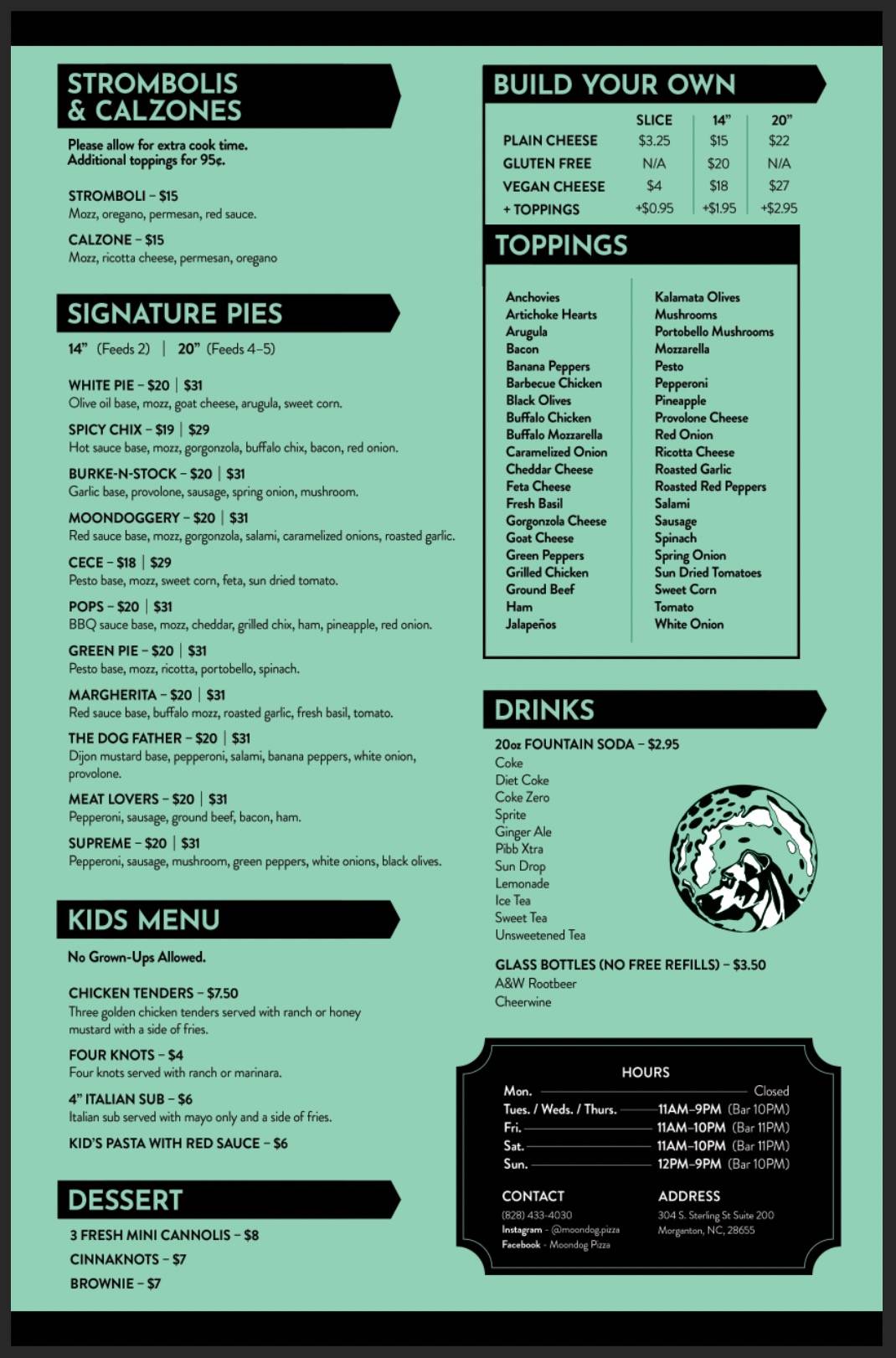 Menu at Moondog Pizza pub & bar, Morganton, 304 S Sterling St