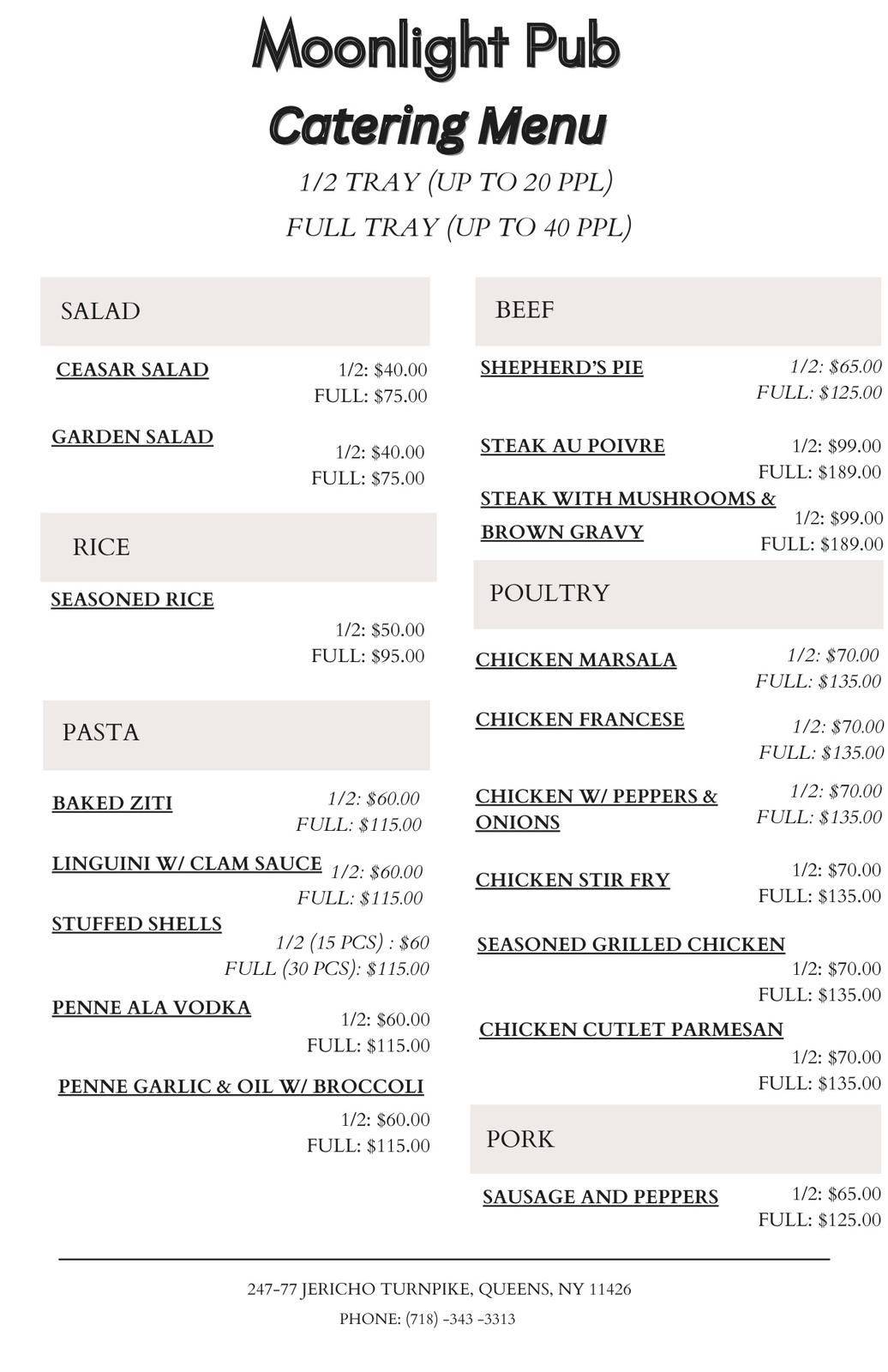 Menu at Moonlight Pub, New Hyde Park, 247-77 Jericho Turnpike