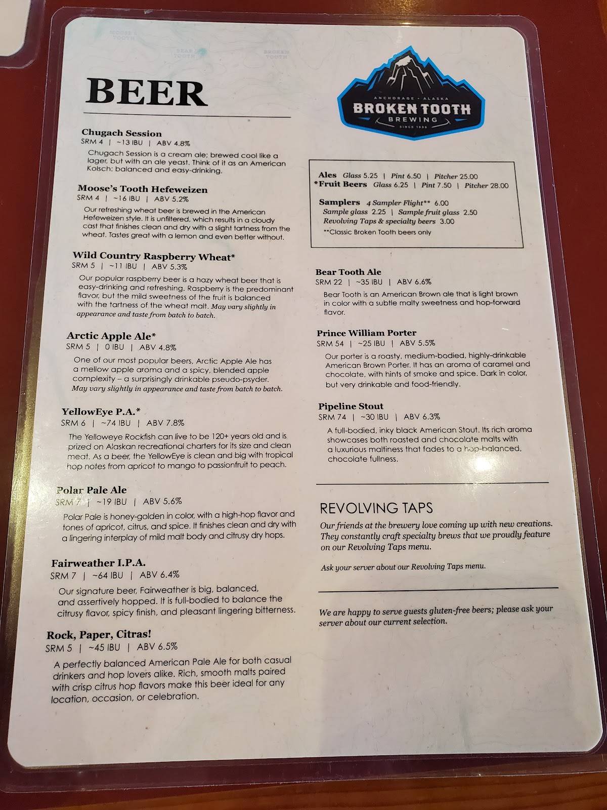 Menu at Moose's Tooth Pub & Pizzeria, Anchorage