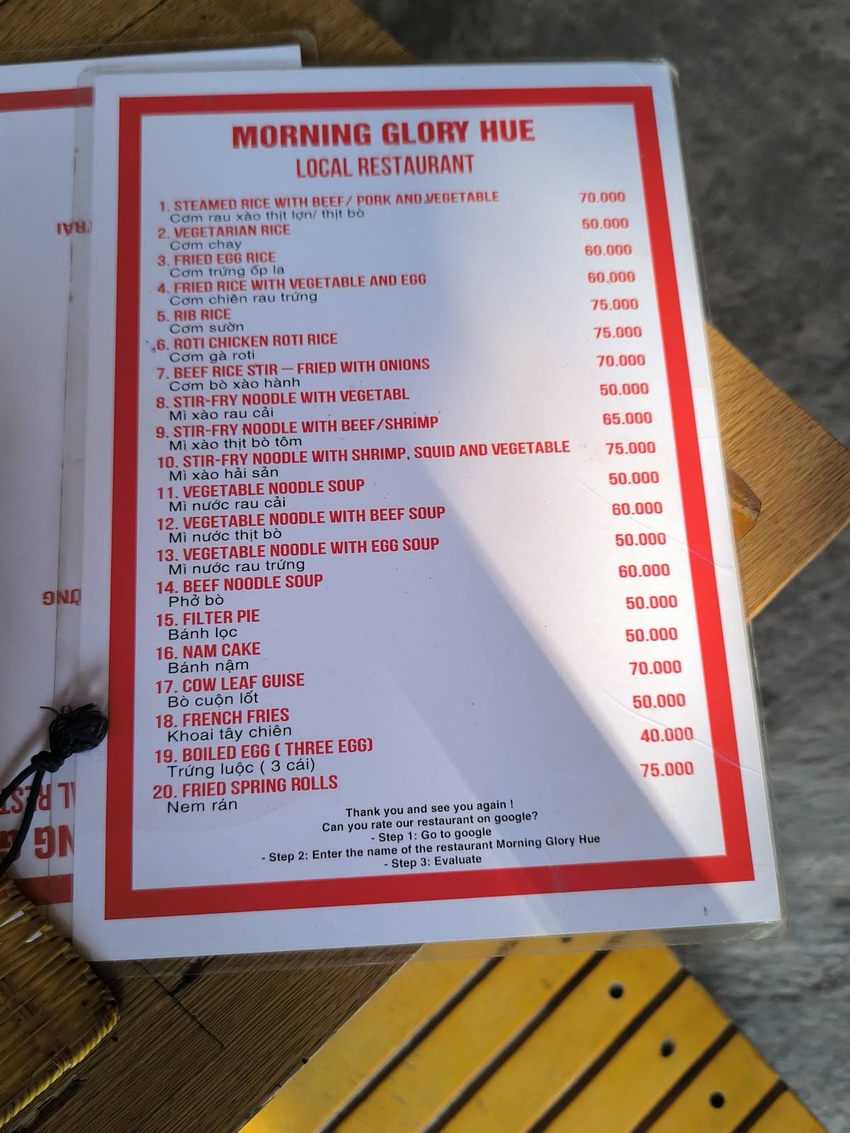 Menu at Morning Glory - Hue Local Restaurant, Hue
