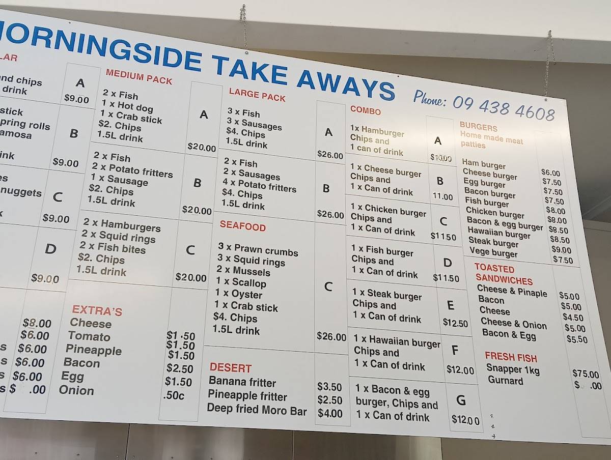 Menu at Morningside Fish&Chips restaurant, Whangarei
