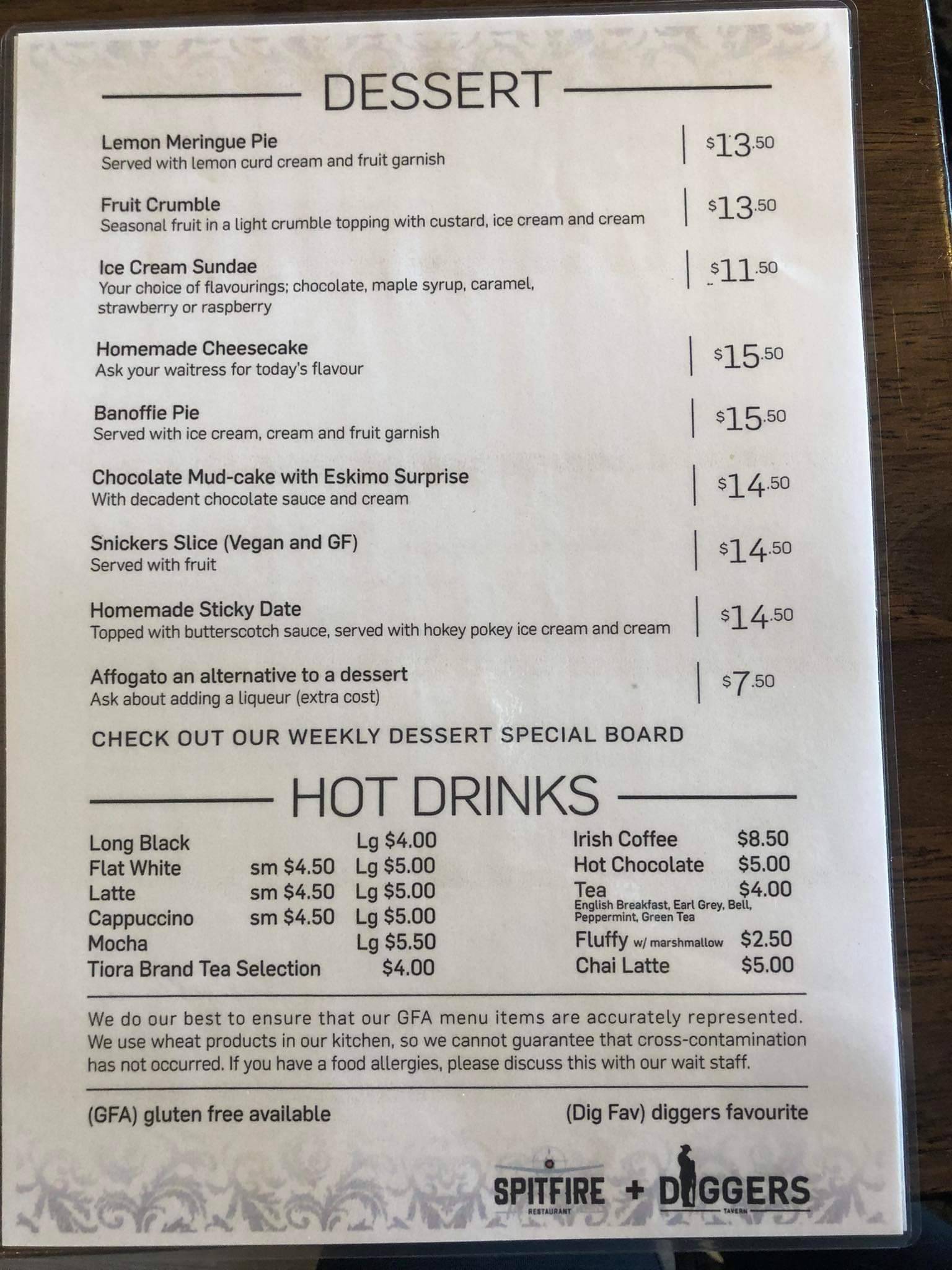 Menu at Mosgiel Memorial RSA Club, Spitfire Restaurant and Diggers ...