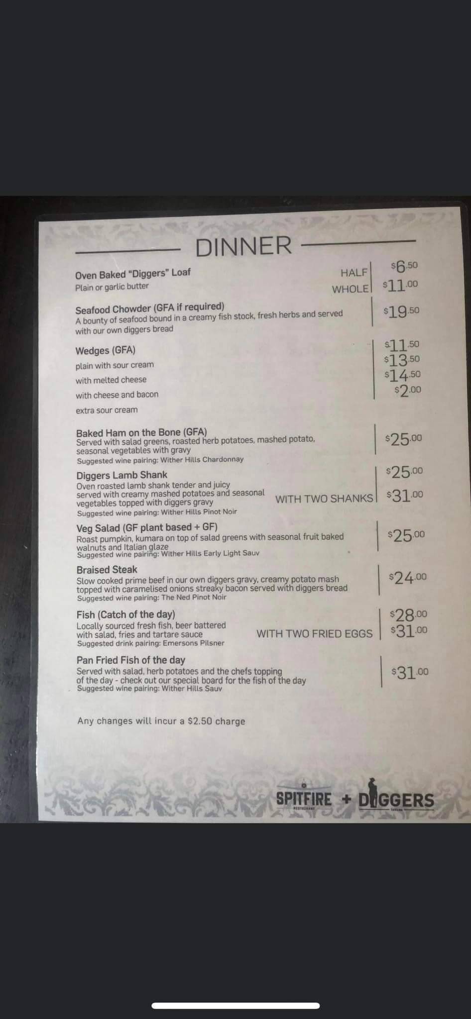 Menu at Mosgiel Memorial RSA Club, Spitfire Restaurant and Diggers ...