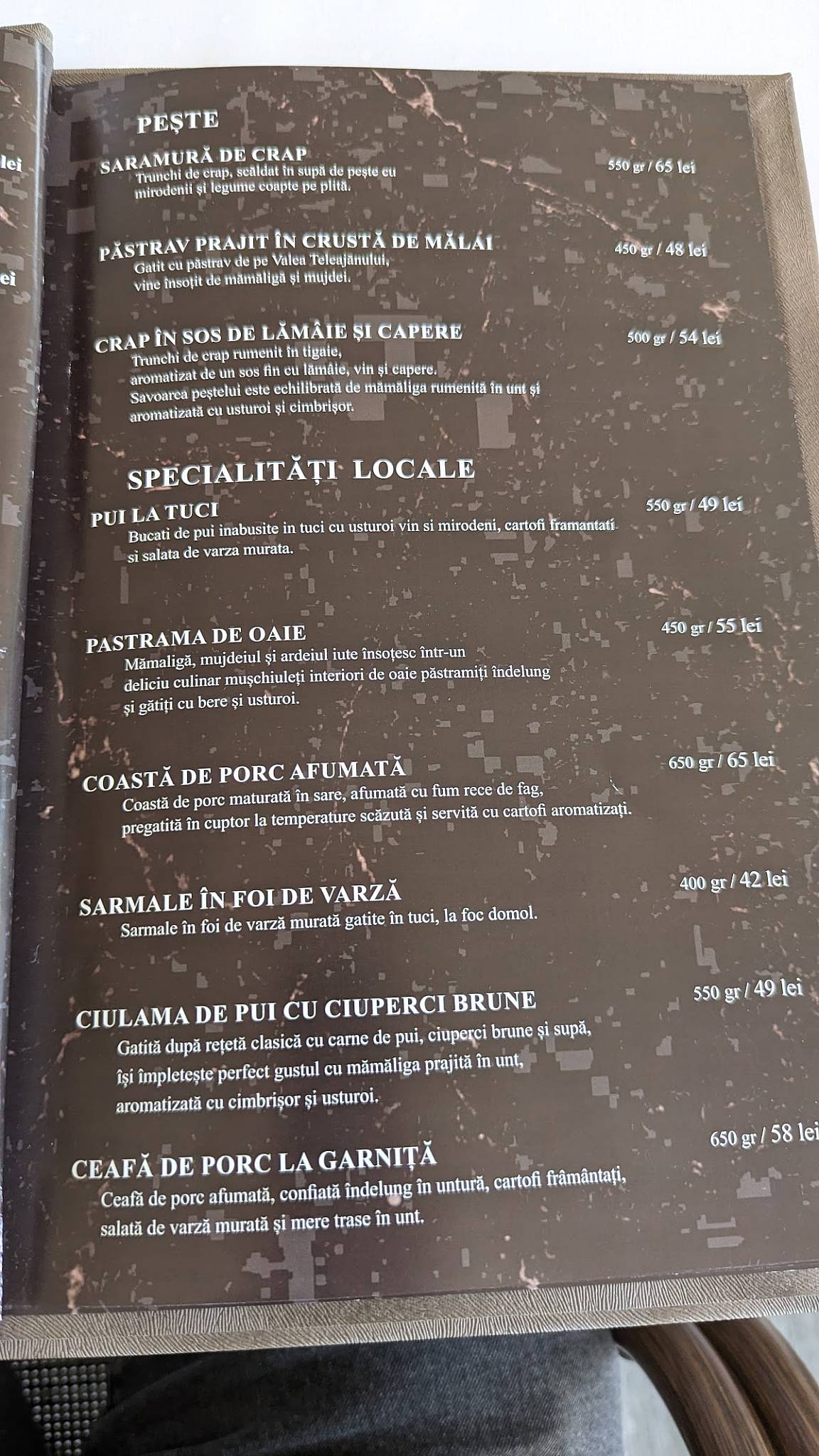 Menu at Mosia Zeletin, Romania