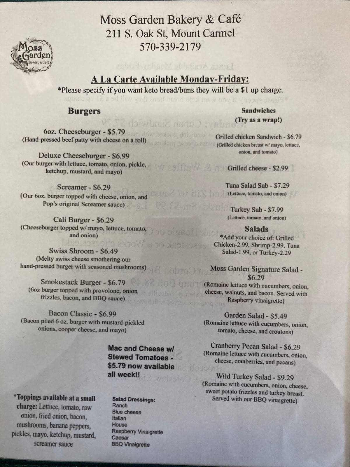 Menu at Moss Garden Bakery & Cafè, Mount Carmel