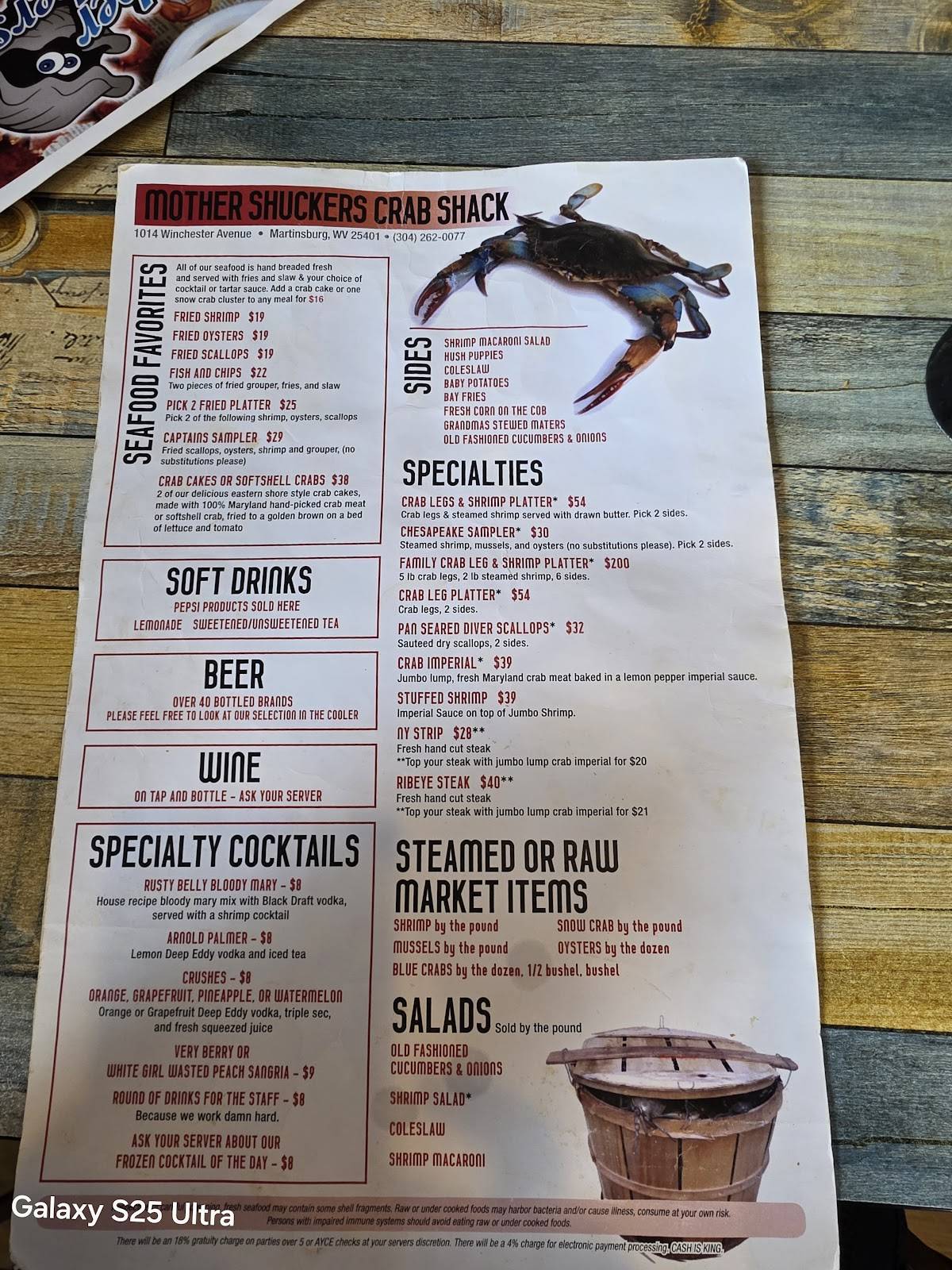 Menu at Mother Shuckers Crab Shack restaurant, Martinsburg