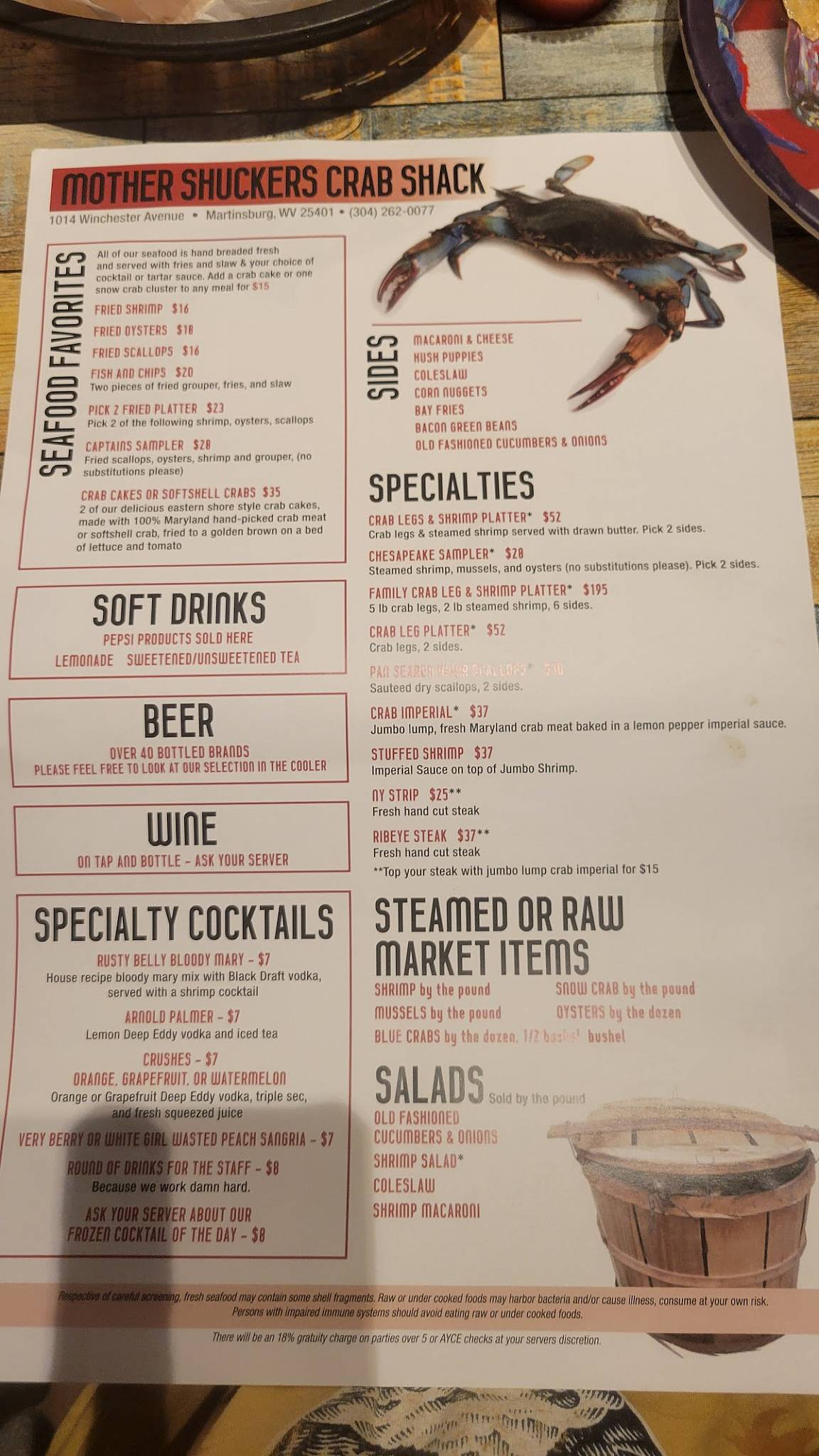 Menu at Mother Shuckers Crab Shack restaurant, Martinsburg