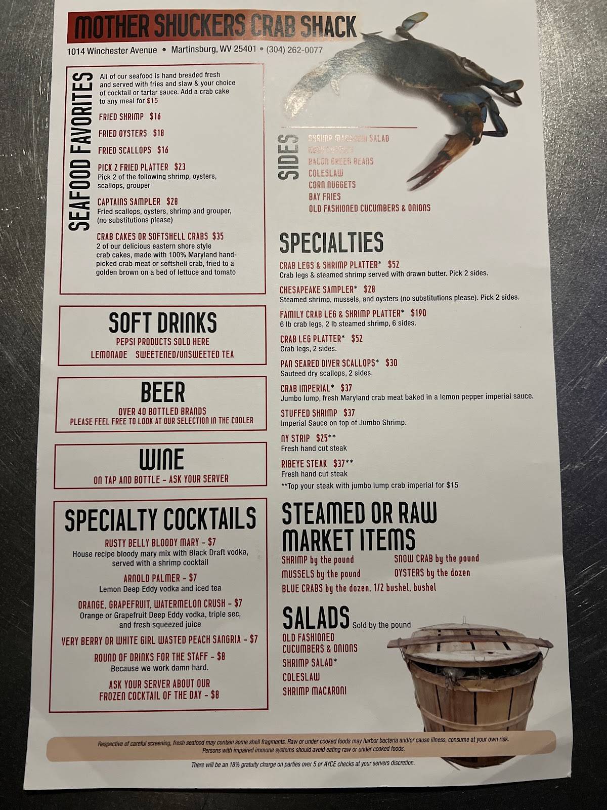 Menu at Mother Shuckers Crab Shack restaurant, Martinsburg