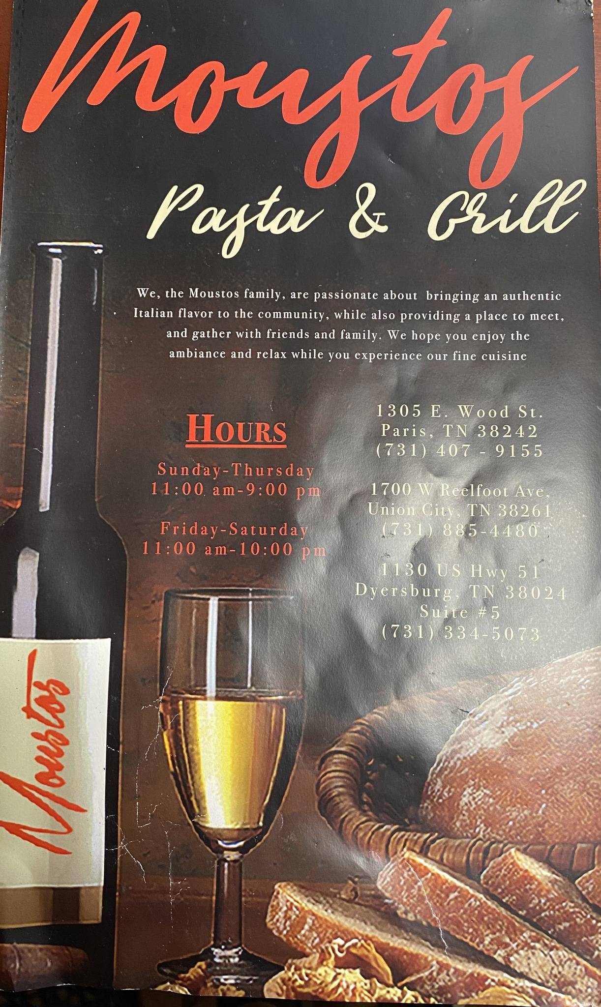 Menu at Moustos Pasta & Grill restaurant, Paris